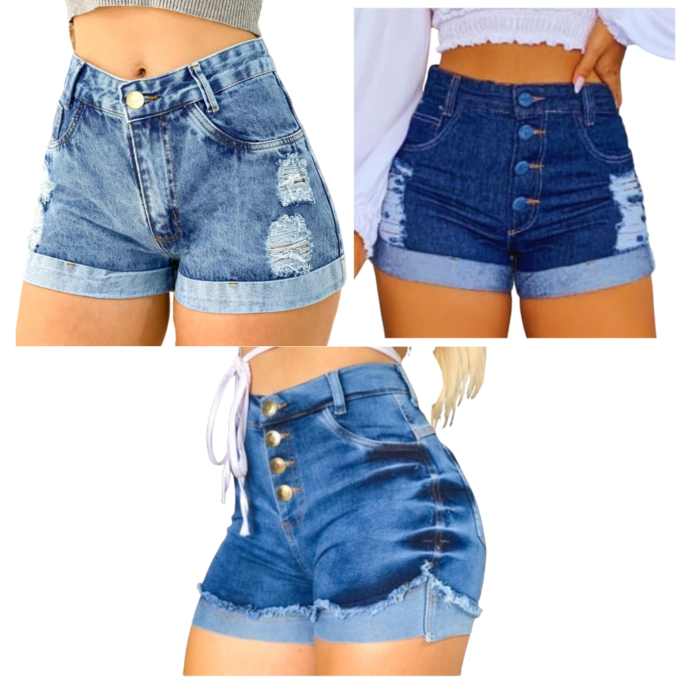 Kit 3 Short Jeans Feminino Jeans Rasgado Modela Bumbum | Shopee Brasil