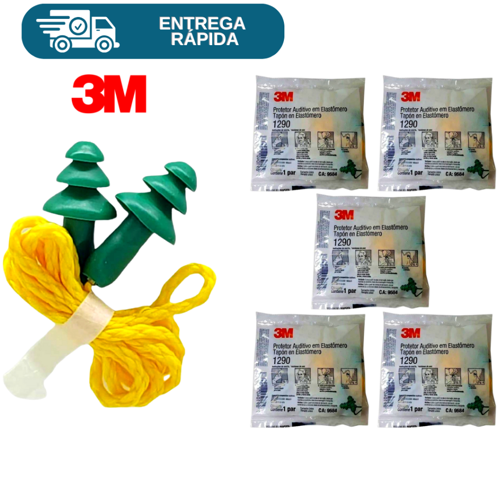 Kit 5 Protetor Auricular Auditivo Plug Em Elastômero 1290 3M Com Cordão ...
