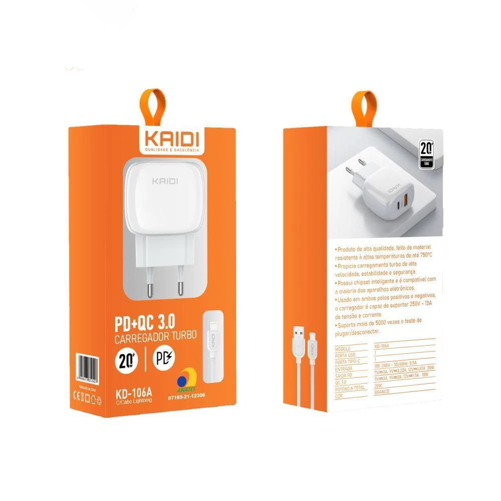 Carregador Turbo PD+QC 3.0 Kaidi 20W C/ Cabo Lightning | Shopee Brasil