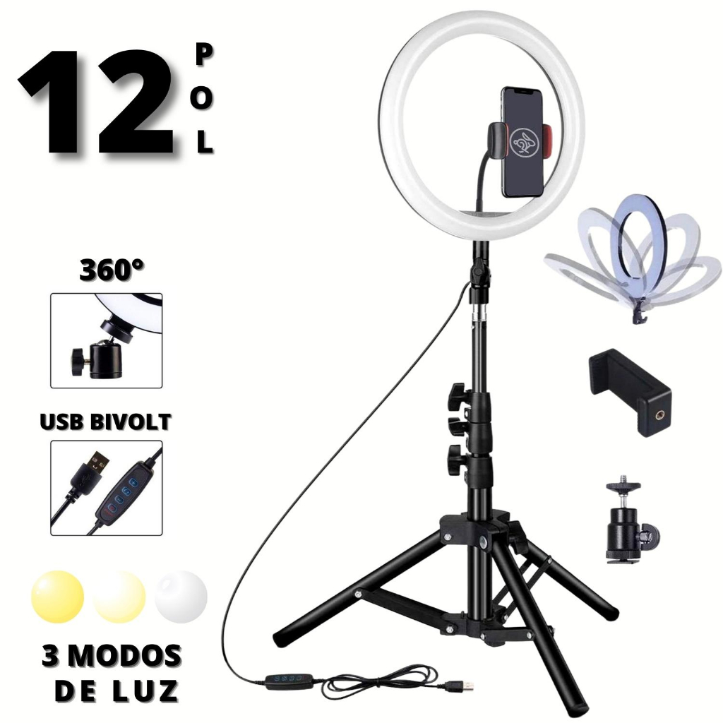Ring Light Profissional Luz De Led 31cm 12º Polegadas Usb C/Tripé 2.1m ...