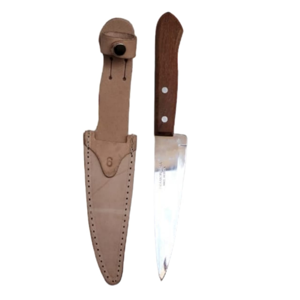 faca grande inox com cabo de madeira e bainha em couro | Shopee Brasil