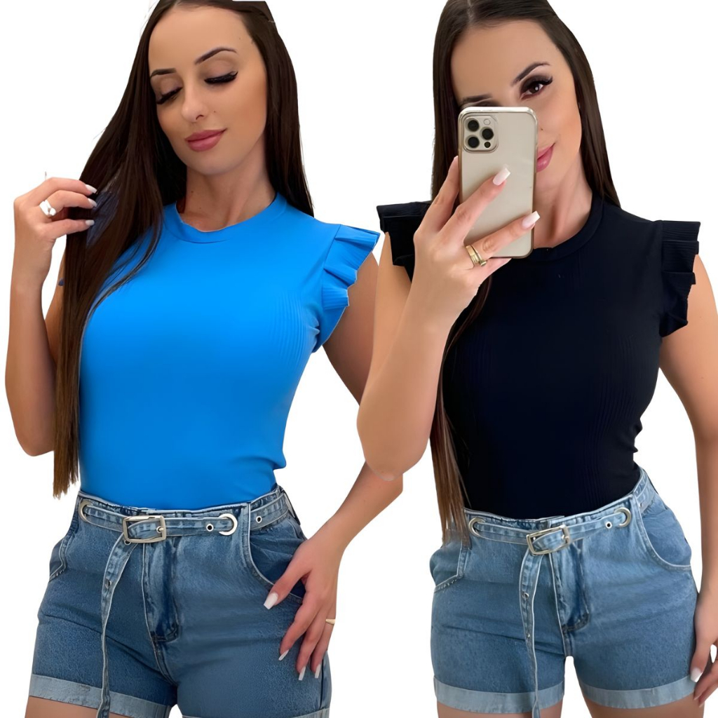 Kit 2 Blusa Feminina Manga Curta Canelada Babadinho Varias Cores ...