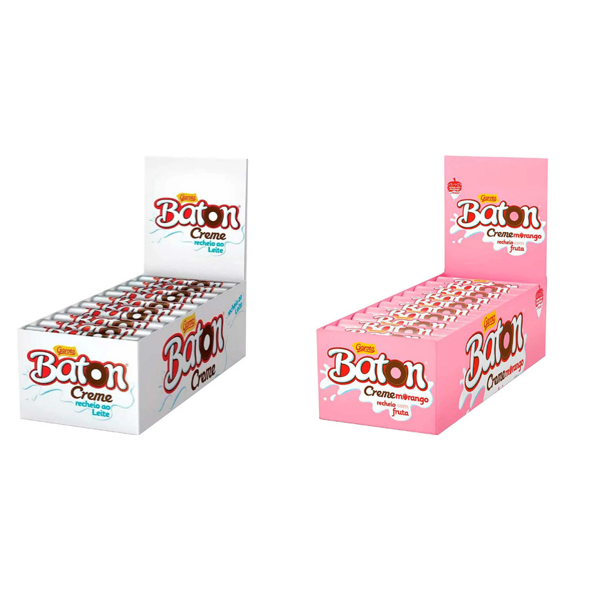 Caixa Chocolate Baton Creme recheio ao leite e Creme Morango C/30un ...