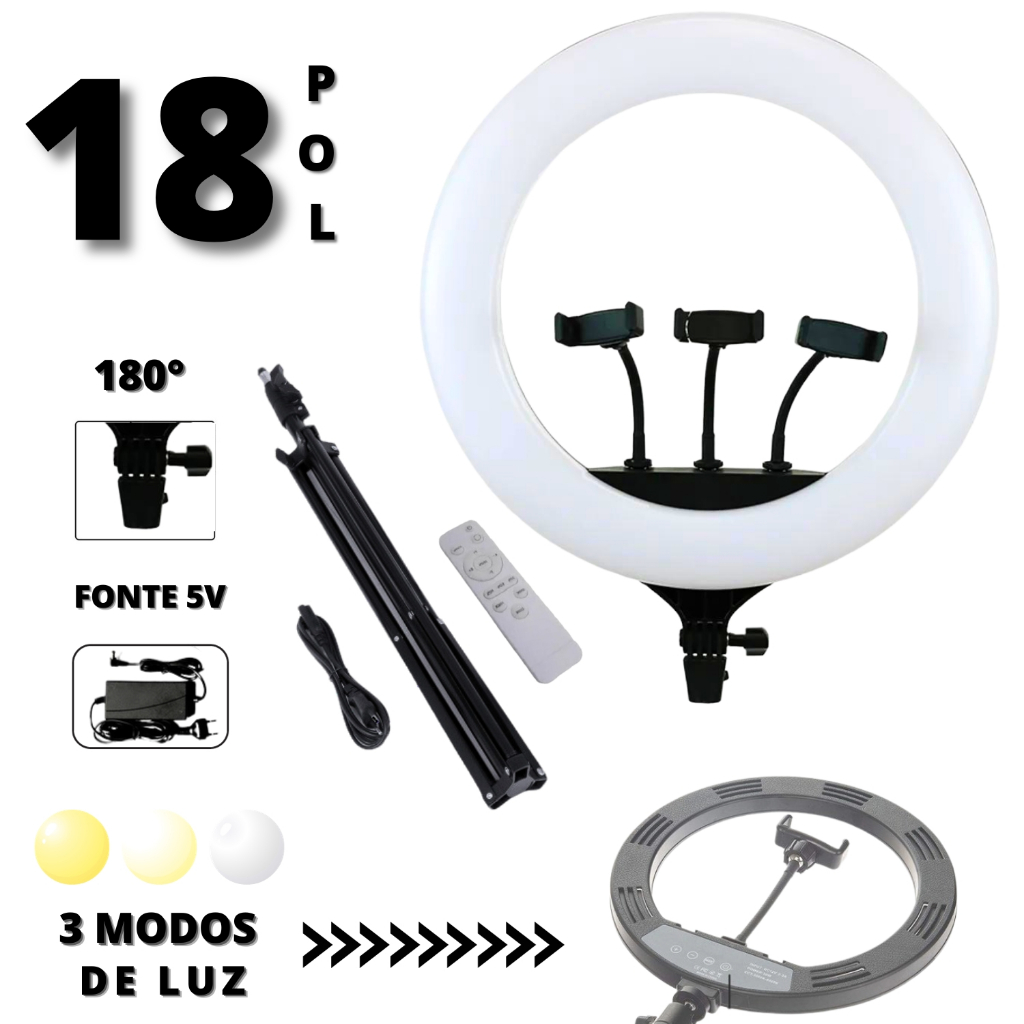 Ring Light 46cm 18 Polegadas + Tripé 2m Blogueira Influenceres Make e Videos Profissional Grande ...