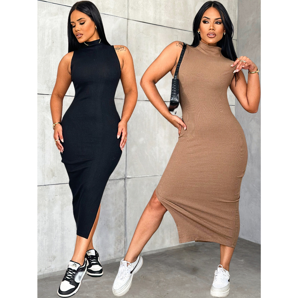 kit 2 vestido longo com fenda lateral casual modelador confortavel ...