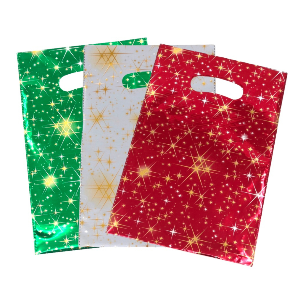 25 Sacolas Metalizadas decoradas para presente - Escorrega o Preço