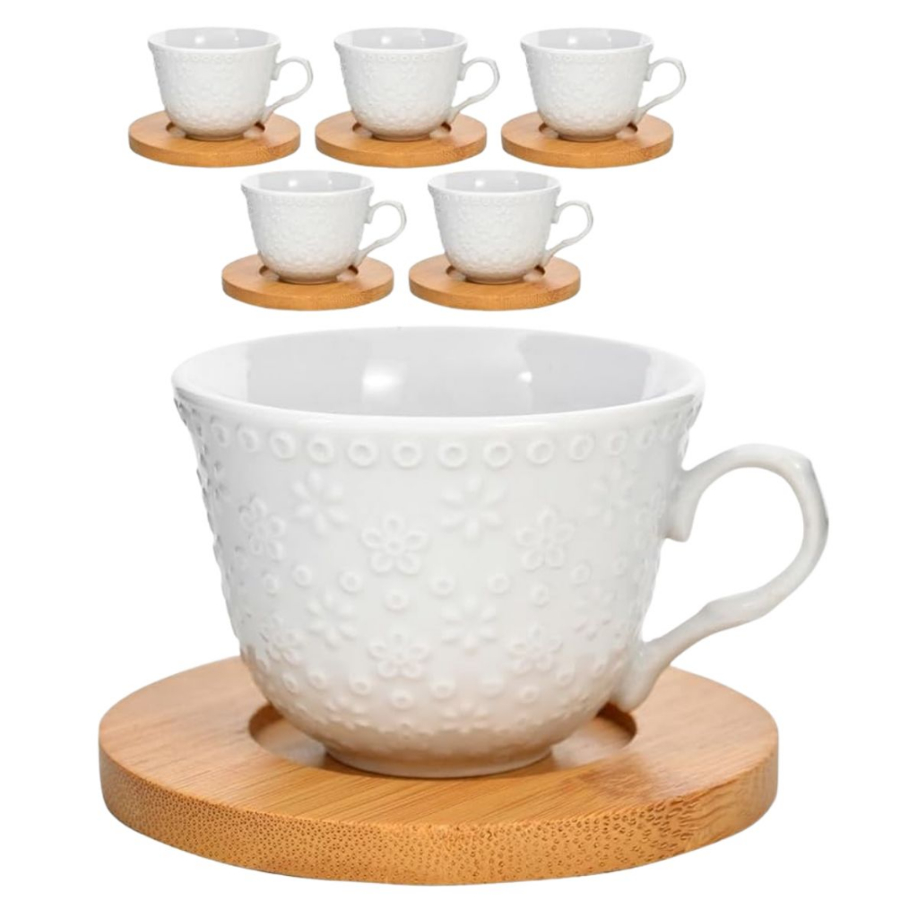 Jogo de Xicaras de Café em Porcelana Branca e Pires de Bambu Wincy com Detalhes Florzinha em ...