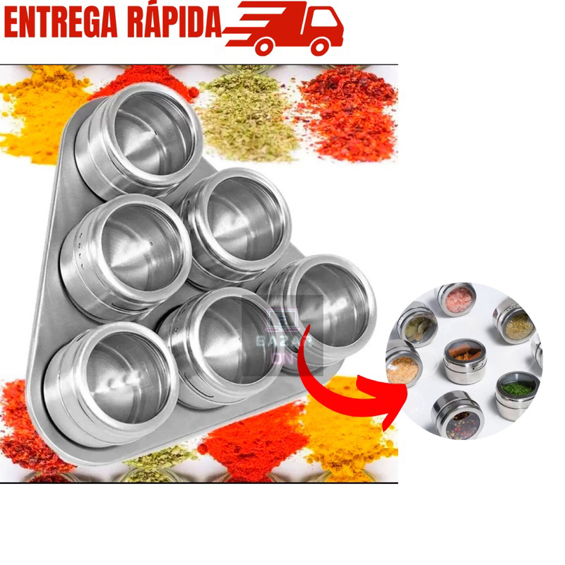 Kit 6 Porta Tempero Porta Condimento Inox Com Imã Para Geladeira e ...