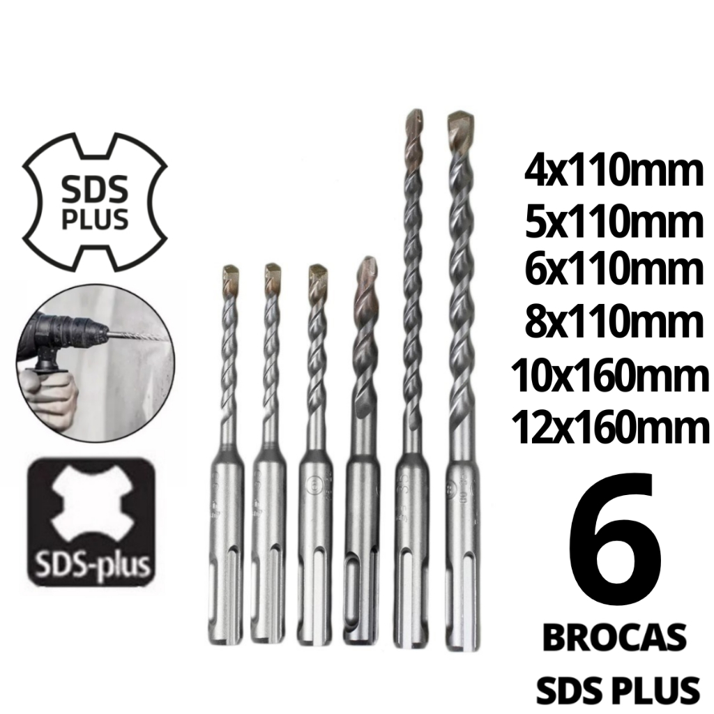 Kit 6 Broca SDS PLUS 4mm 5mm 6mm 8mm 10mm 12mm Para Concreto Alvenaria ...