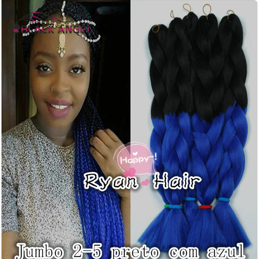 Kanekalon Jumbo H. Lin Tranças Box Braid Twist Cor 3-2 preto azul azul ...