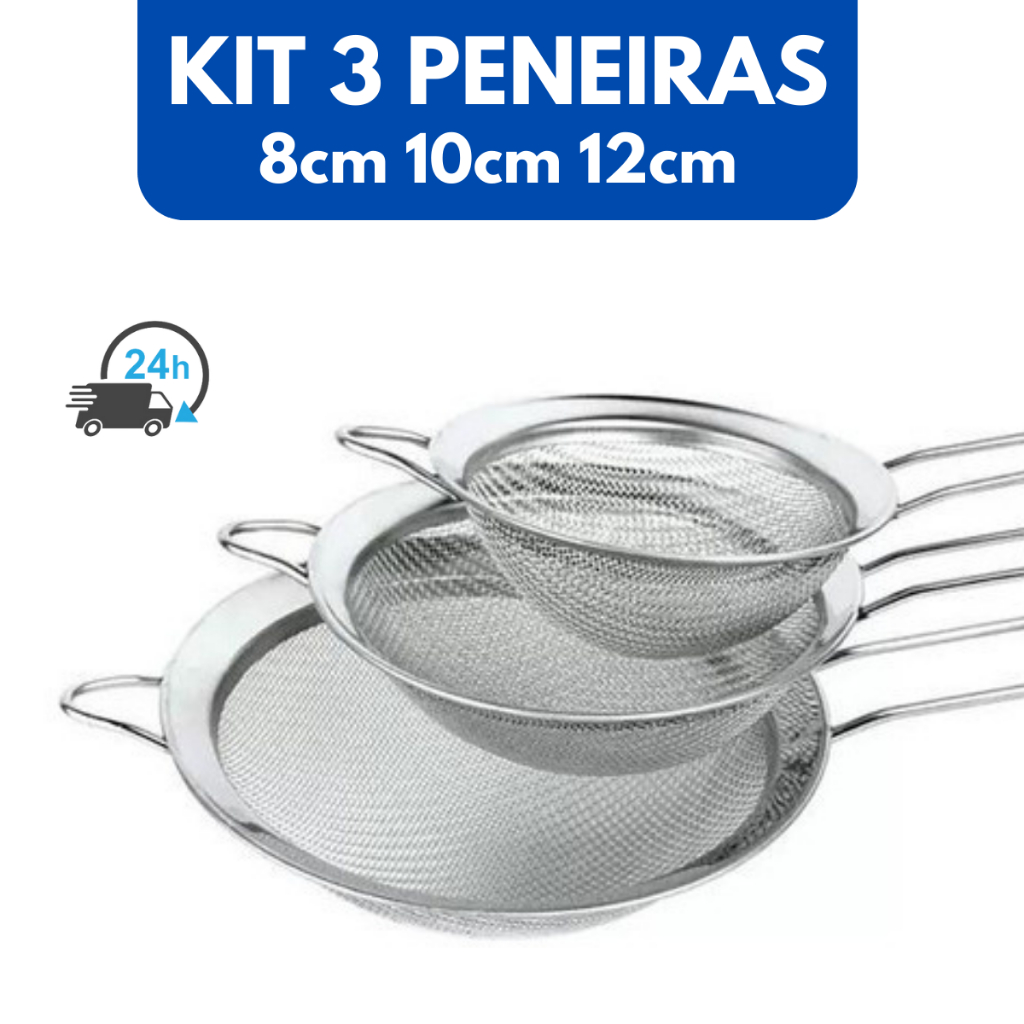 Kit 3 Peneira Coador Em Aço Inox Para Cozinha - 3 Tamanhos P M G 8/10 ...