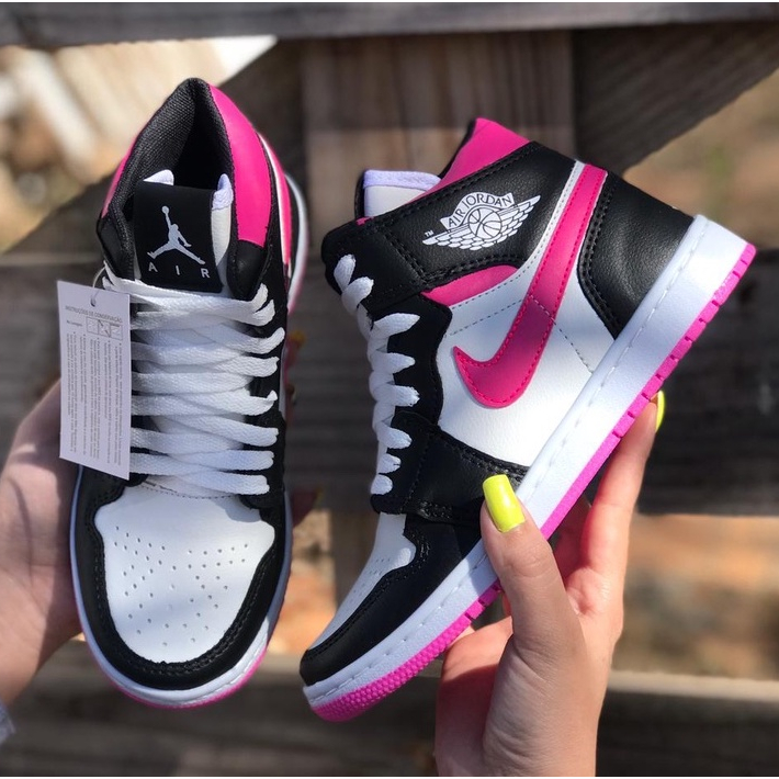 Tenis Nike Air Jordan Infantil Adulto Preto Sola Rosa/Pink Low e Mid Cano Alto Meninas Feminino ...