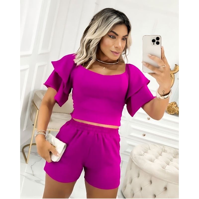 Conjunto Feminino De Short E Blusa Com Mangas Estilosa Moda Verão ...
