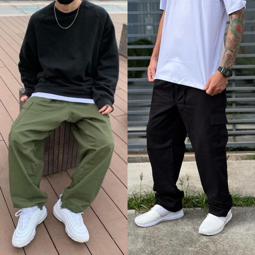 Calça Cargo Unissex De Sarja Street Larga Skatista Com Bolsos