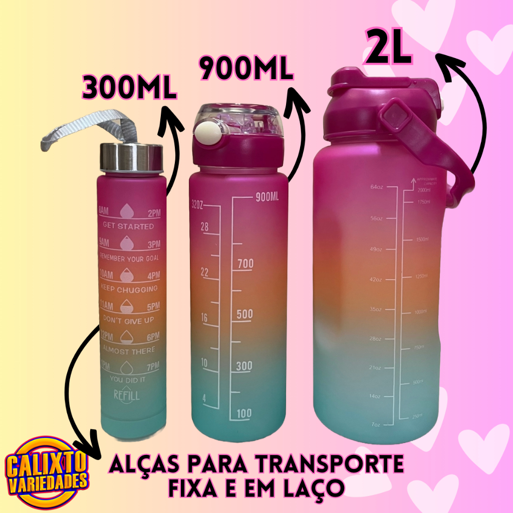 Kit de 3 Garrafas Motivacionais Squeezie 2L; 900ml e 300ml | Shopee Brasil