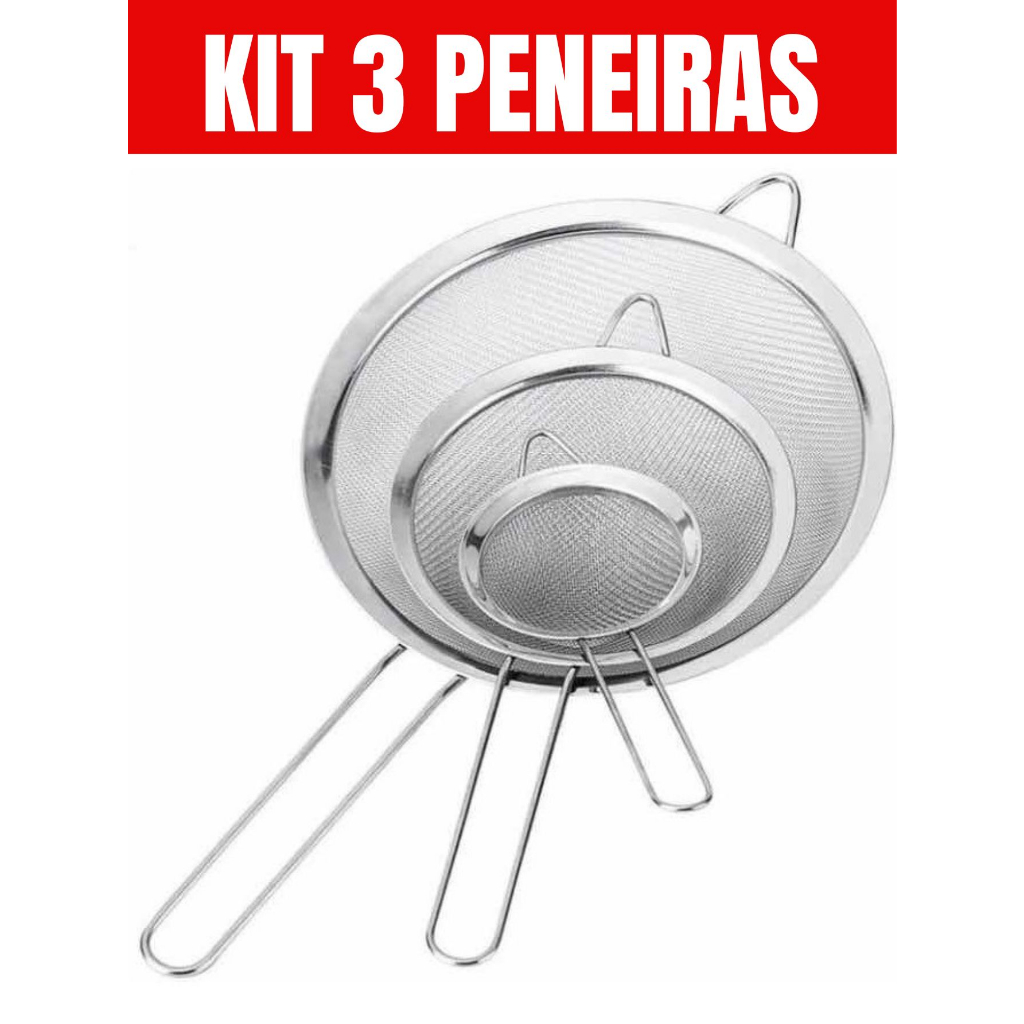 Kit Peneira Inox 3 Peneiras de Metal Aço Inoxidável Coador 8CM / 10CM ...