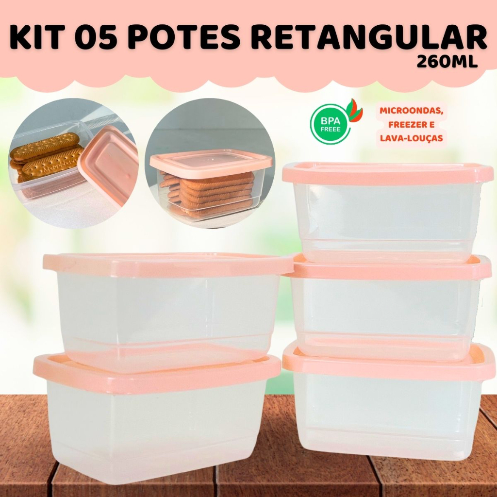 Kit 5 Peças Vasilhas Plástica 260mL Conjunto de Pote Retangular ...