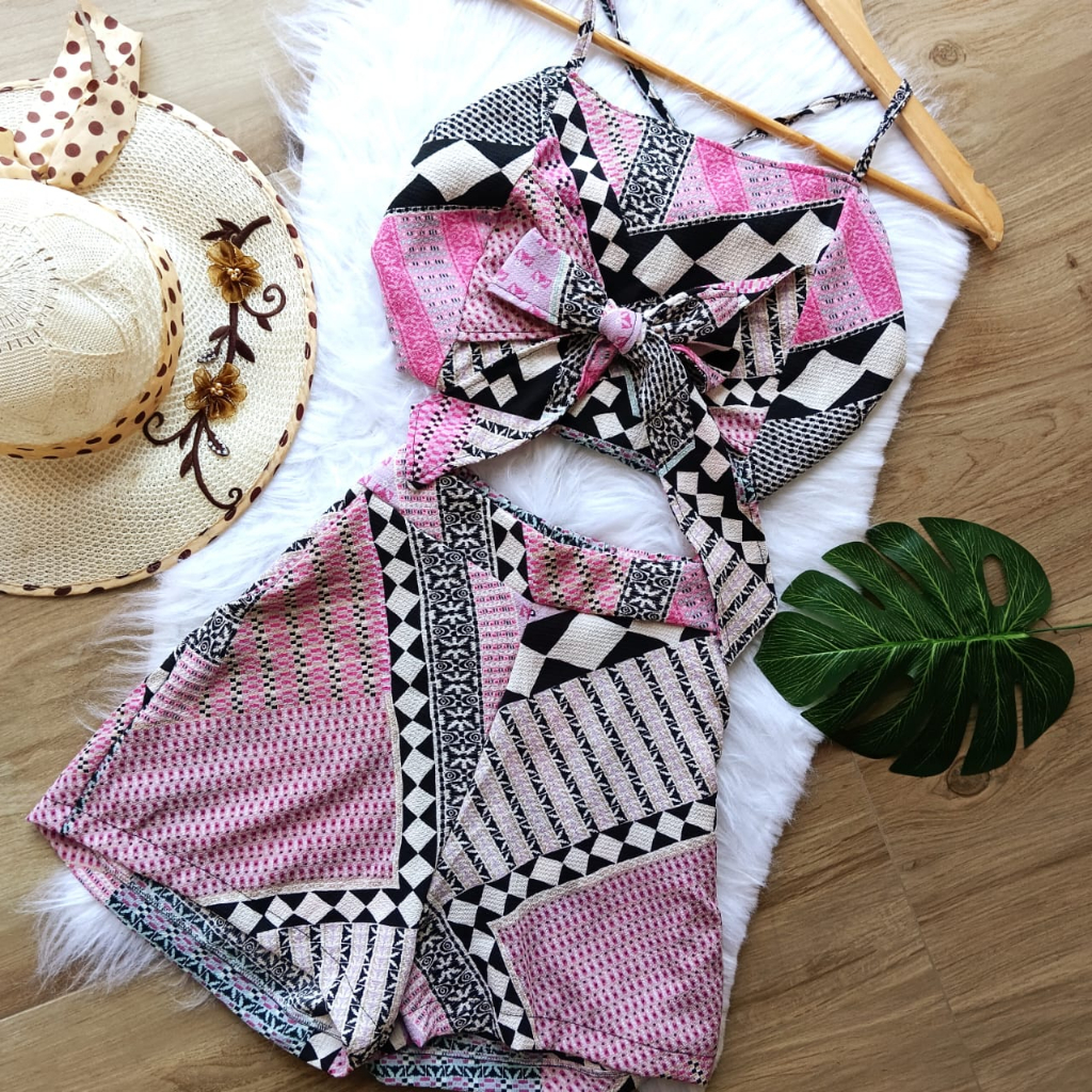 Conjunto cropped laço e short com bolso curto moda feminina verão ...