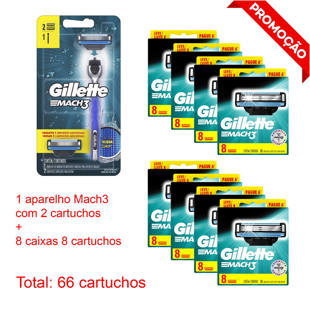 1 Aparelho Gillette + 8 Caixas Gillette Mach3 8 Cartuchos | Shopee Brasil