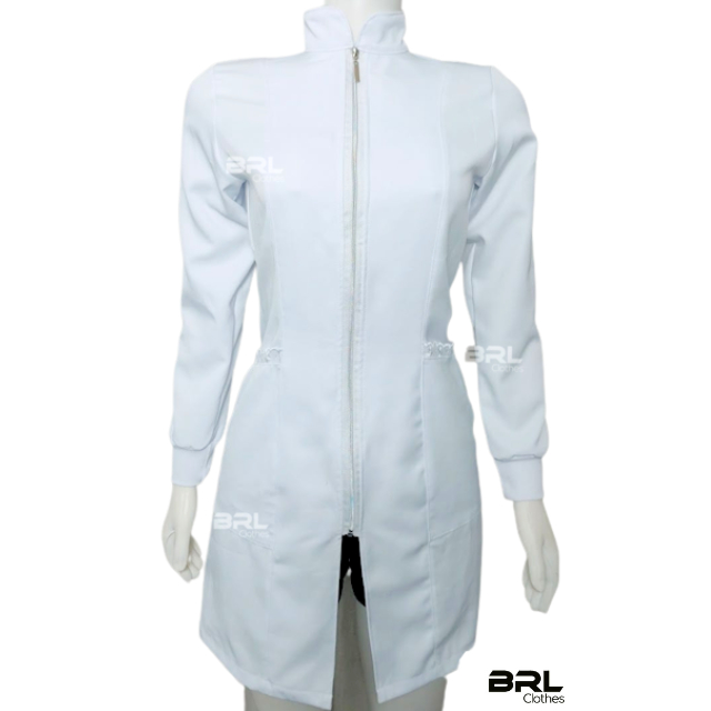 Jaleco Feminino Com Ziper Gabardine Branco, Elástico Punho, Gola Padre, Acinturado, Manga Longa ...