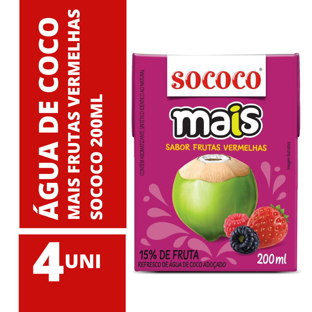 Água de Coco Mais Frutas Vermelhas Sococo 200ml - 4 Unidades | Shopee ...
