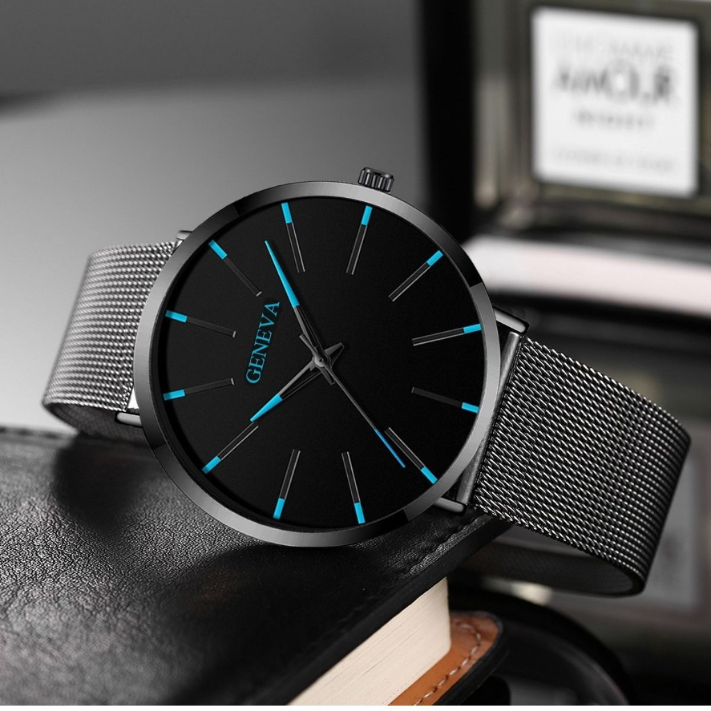 RELOGIO PRETO MASCULINO GENEVA ANALOGIO LUXO PULSEIRA ACO QUARTZ COM ...
