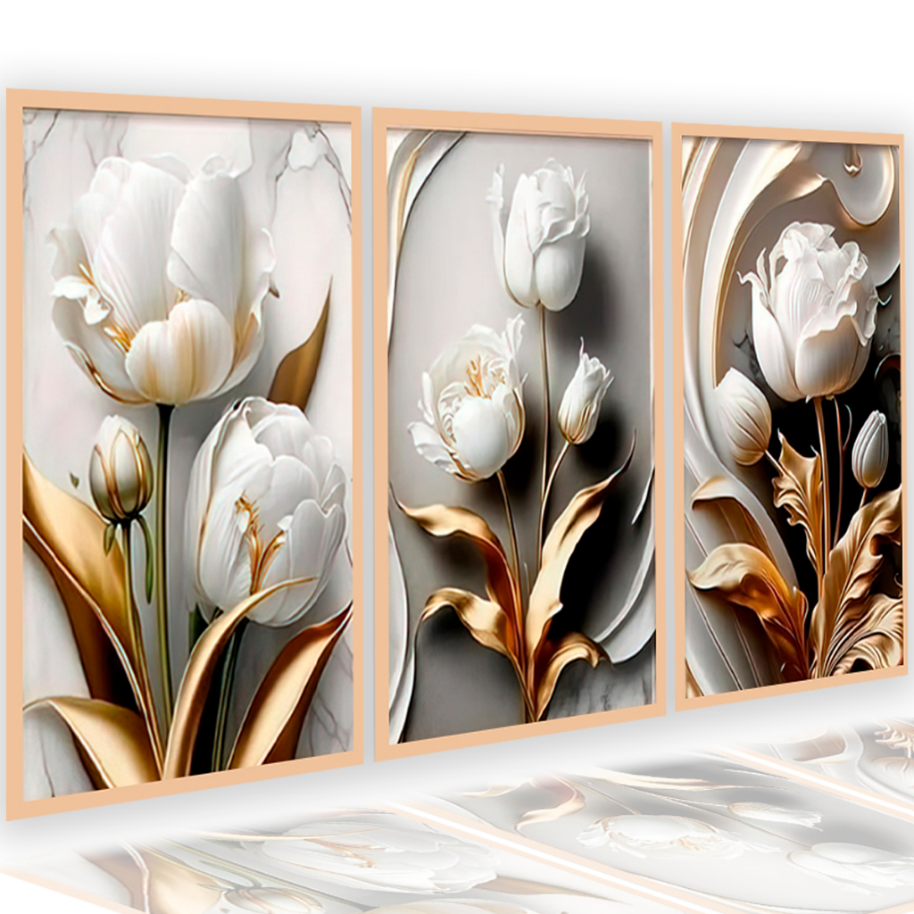 Quadros Decorativos Para Sala Flor Flores Tulipas Branca e Dourada ...