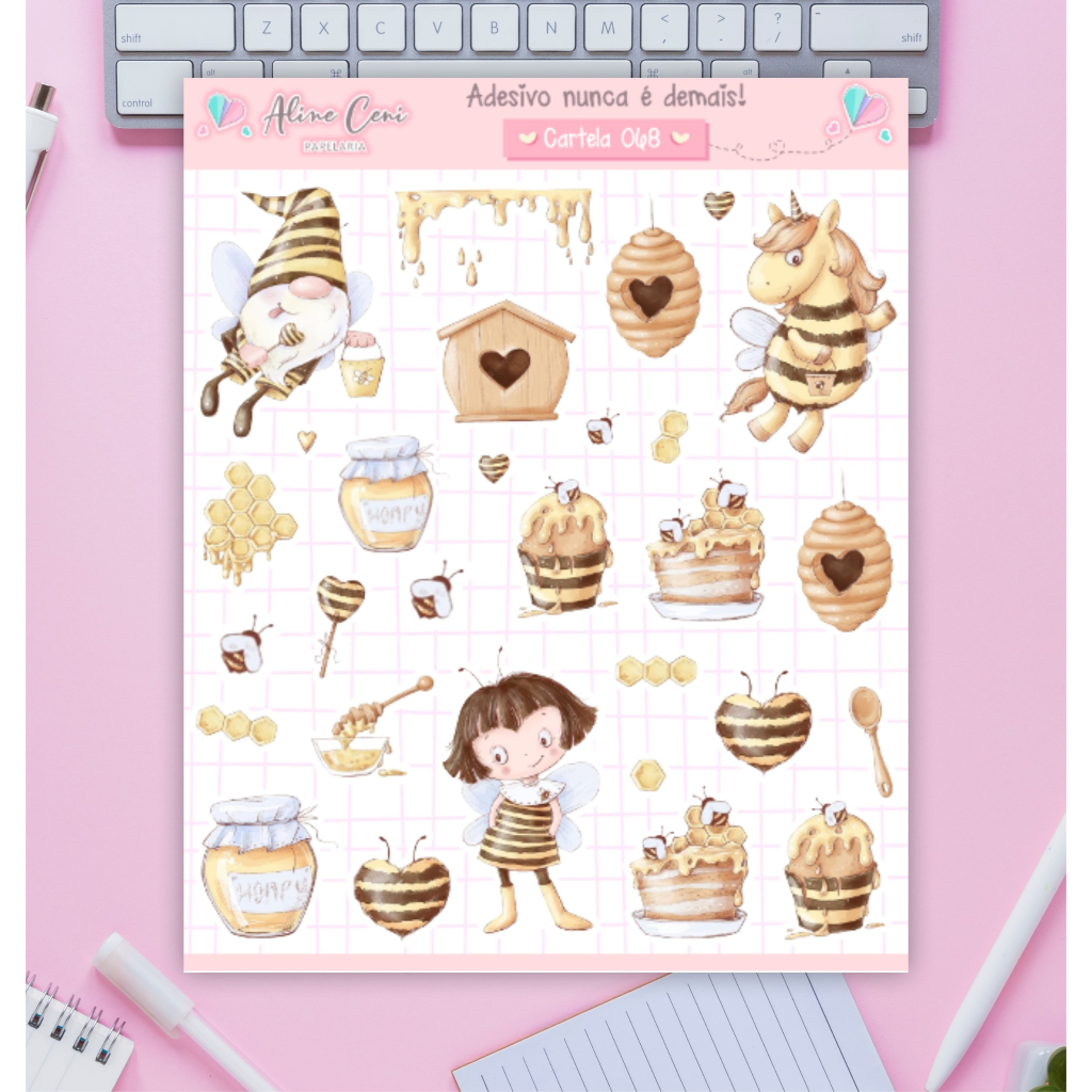 Cartela de adesivos n 068 - adesivos decorativos de mel, abelha e ...