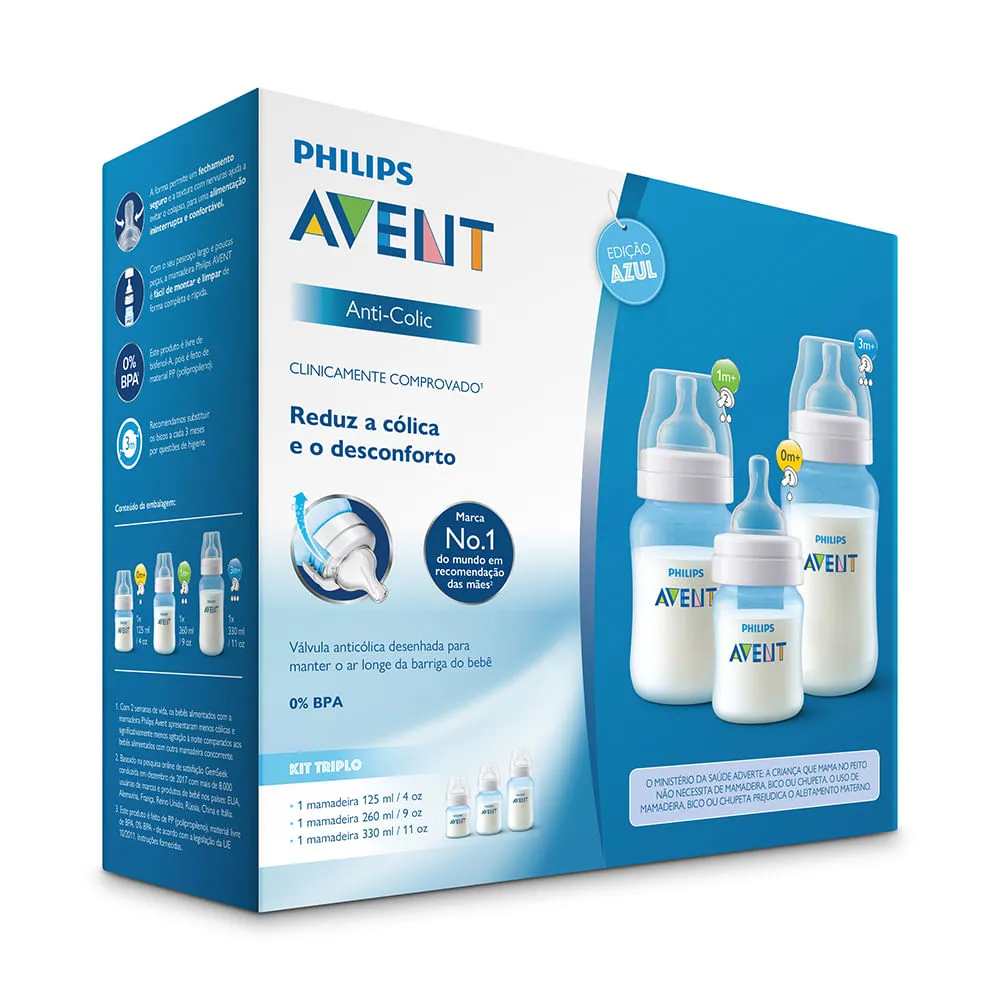 Kit 3 Mamadeira Avent Anticolica Azul / Rosa 125, 260, 330ml - Philips ...
