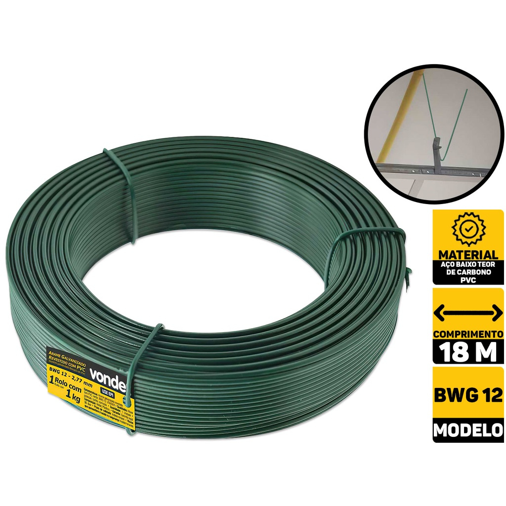 Arame Galvanizado Revestido com PVC Verde BWG 14 30 Metros - Vonder ...
