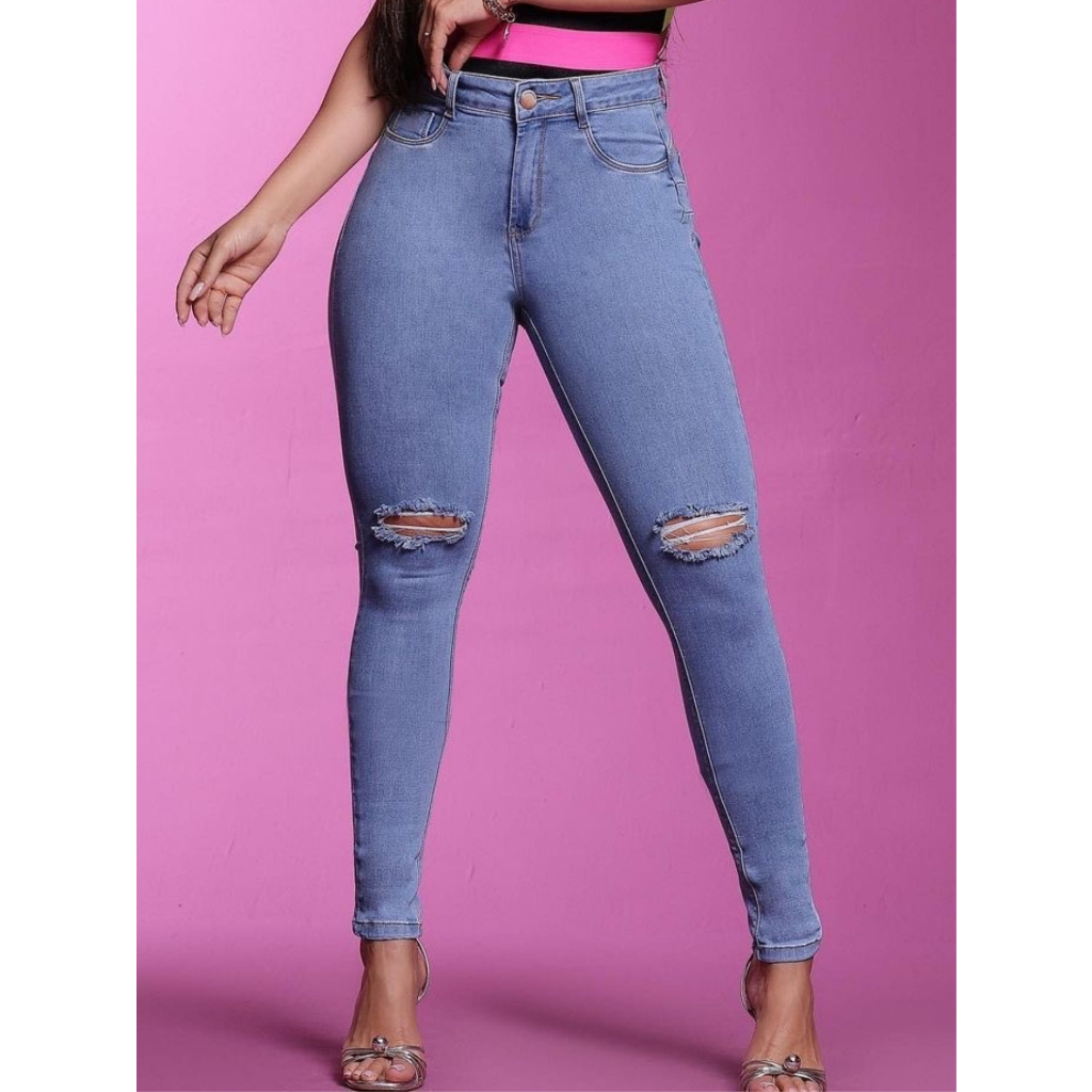 Calça Jeans Feminina Skinny Rasgada Nos Joelhos Cintura Alta Corte ...