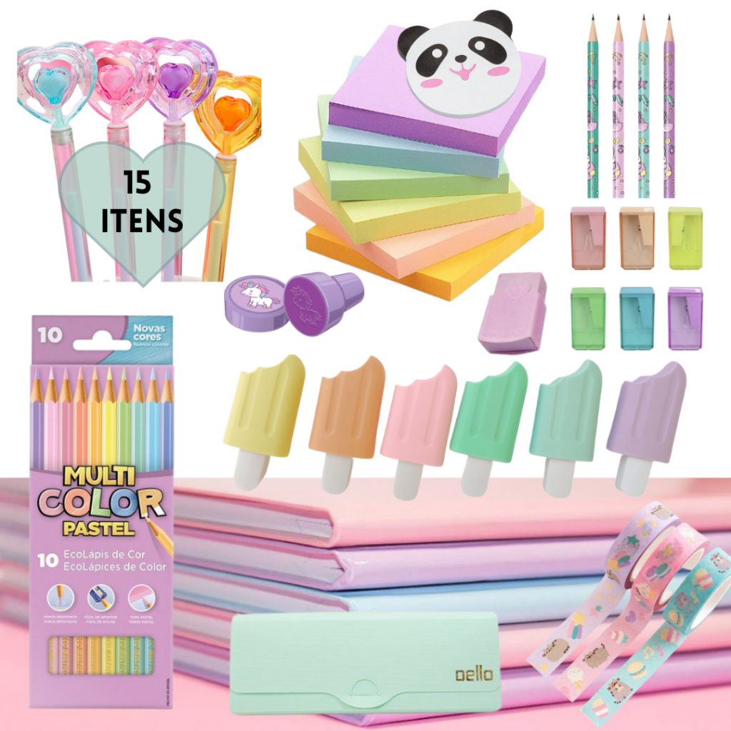Kit de Papelaria Kawaii Material Escolar Fofo com 15 itens | Shopee Brasil