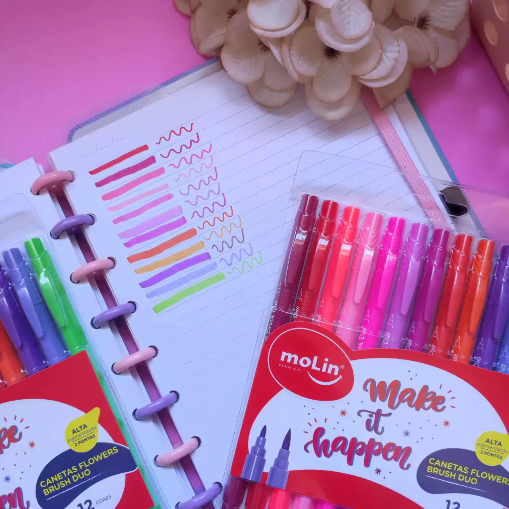 Kit Canetas Duas Pontas Brush Pen e Canetinha LETTERING 12 cores ...