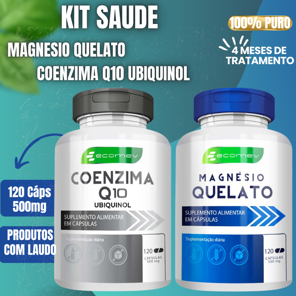 Kit Magnesio Quelato + Coenzima Q10 Ubiquinol Puro 500mg 240 Cáps Ecomev | Shopee Brasil