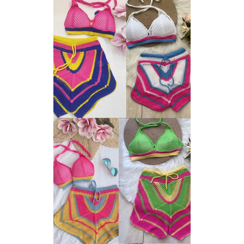 Biquini Croche Trico Com Short Top Cropped Moda Praia Verão | Shopee Brasil