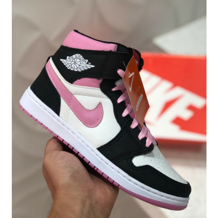Tenis Air Jordan 1 Botinha Cano Alto Preto e Rosa Feminino Lançamento ...