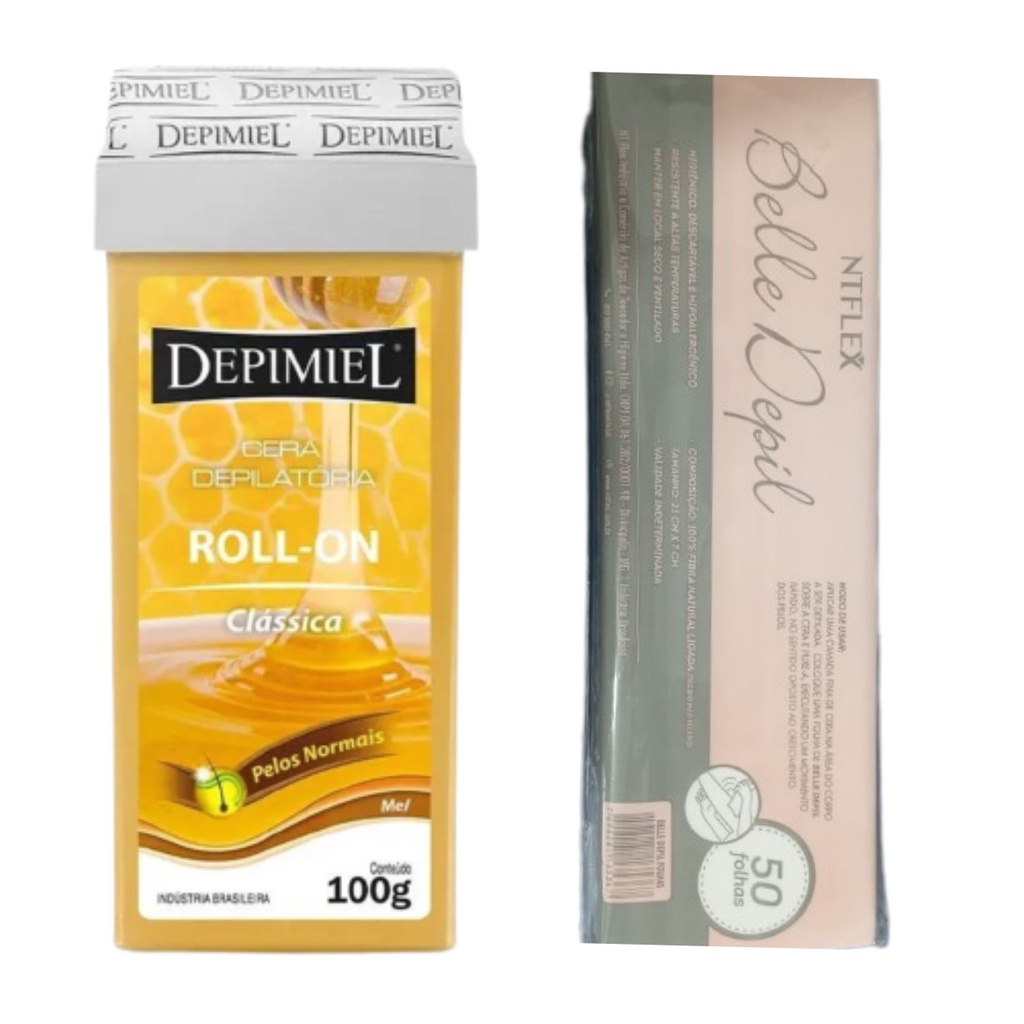 Kit Cera Quente Depimiel Roll-On Mel 100g + Lenço Depilatório 50unid ...