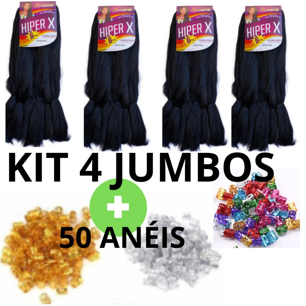 Kit 4 unidades de Cabelo super jumbo jumbão hiper x 800g com 50 anéis ...