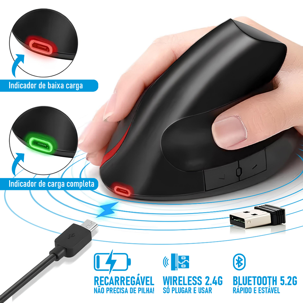 Mouse Vertical Ergonômico Anatômico Recarregável 3.0 Bluetooth e ...