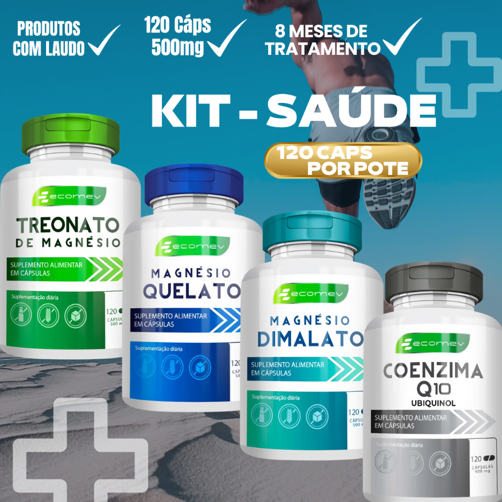 Kit Saude Magnesio Dimalato Treonato Quelato Coenzima Q10 Ubiquinol 500mg Puro Premium Ecomev ...