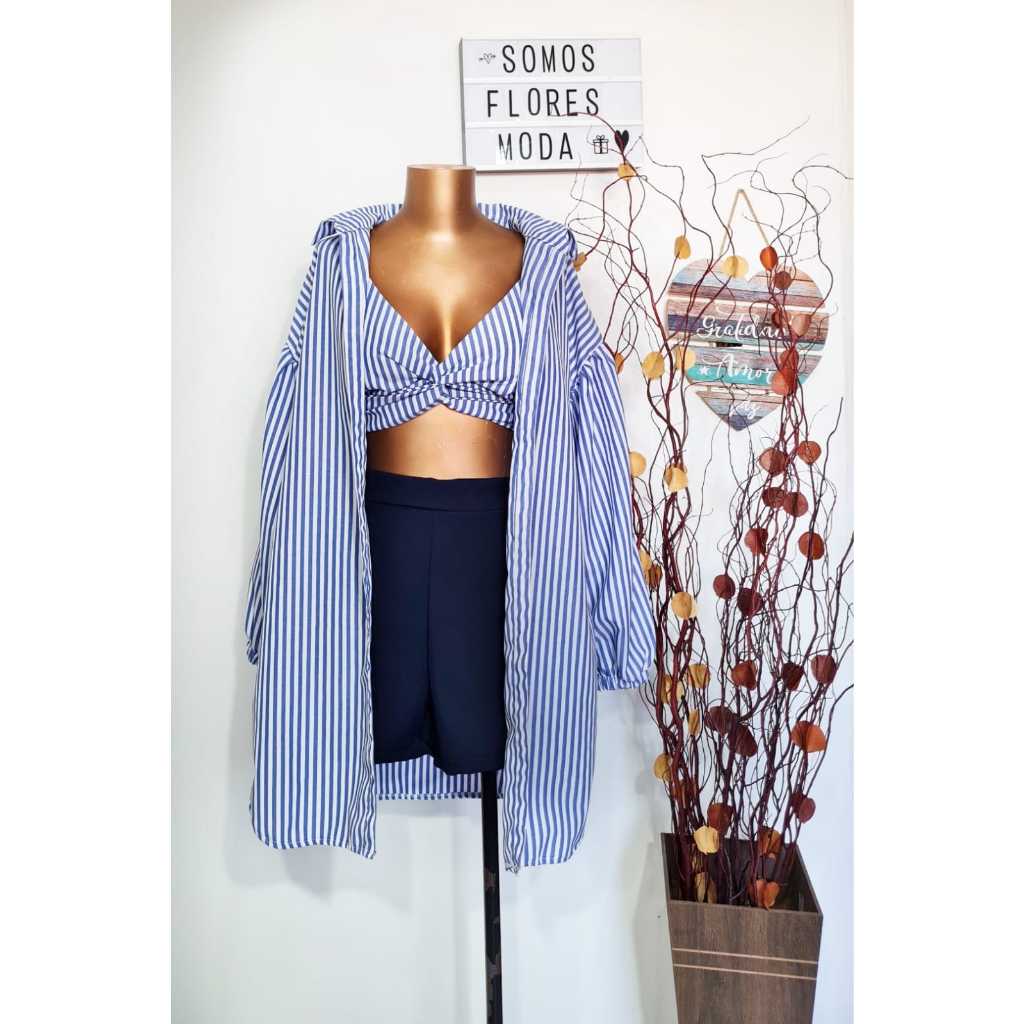 Conjunto Frésia listrado c/ top e camisa Oversized em tricoline - P ao ...