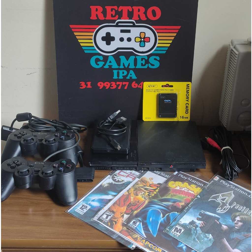 ps2 slim + hd externo 500gb com jogos + 2 controles + memory card ...