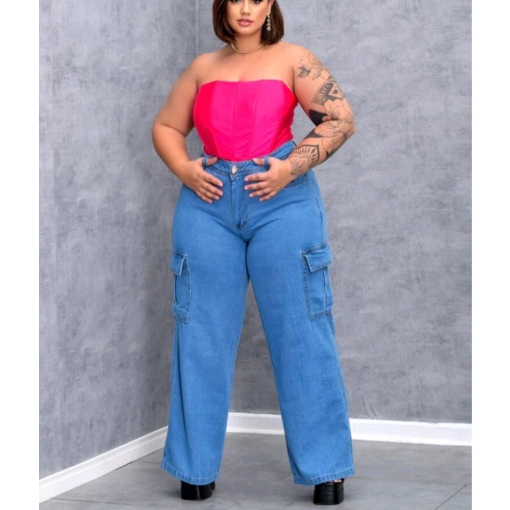 CALÇA CARGO PLUS SIZE JEANS LAVAGEM CINTURA ALTA CALÇA WID LEG LISA COM ...