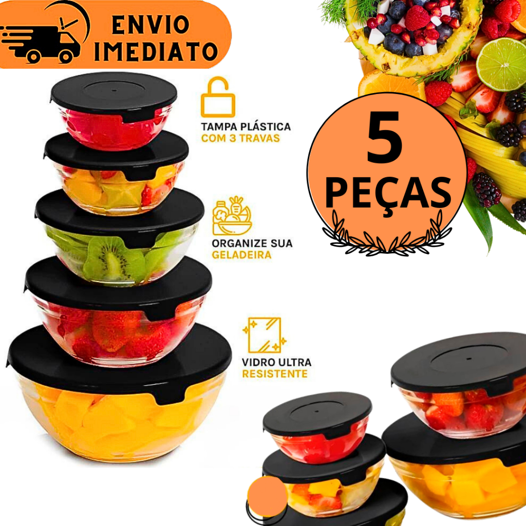Conjunto Jogo Kit 5 Potes De Vidro Para Cozinha Organização Tigelas ...