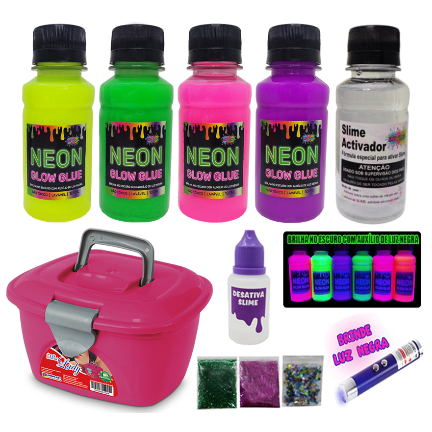 Kit Fazer Slime Colas Neon Maleta E Luz Negra + Maletinha Top Ine Slime ...
