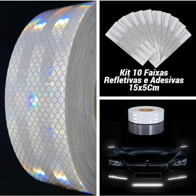 10 Fitas Refletiva Adesiva Decorativa (15cm x 5cm) Branca Faixas ...