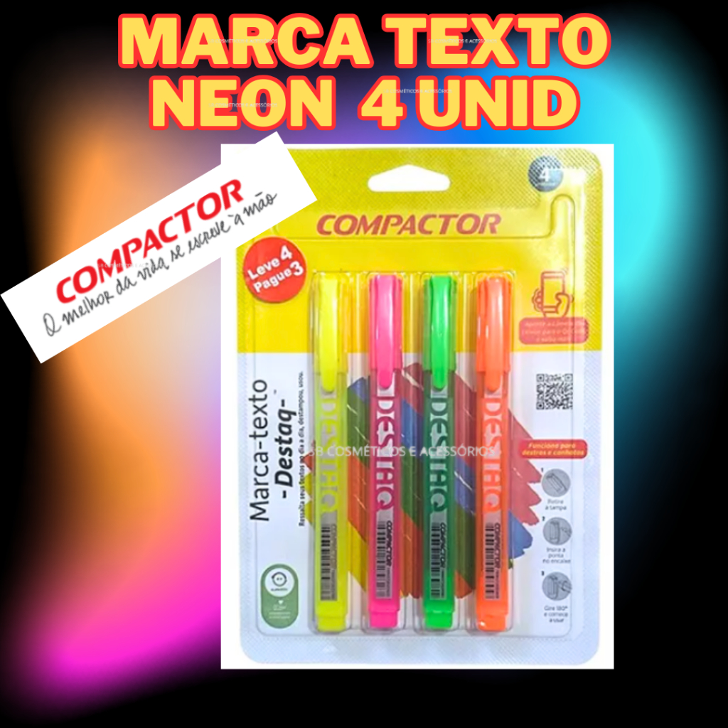 O Kit CANETA MARCA TEXTO DESTAQ CORES 4 NEON COMPACTOR | Shopee Brasil