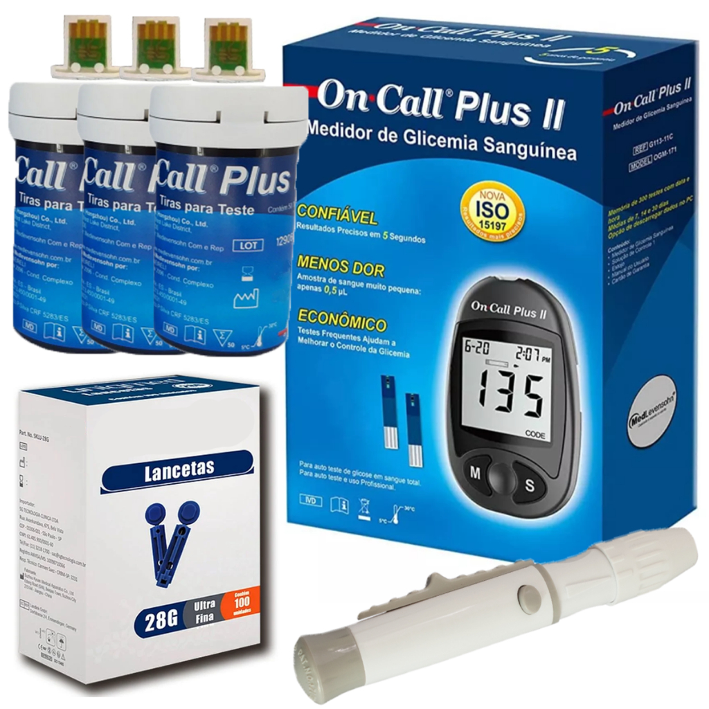 Kit Medidor de Glicose On Call Plus 2 + 150 Tiras + 100 Lancetas ...
