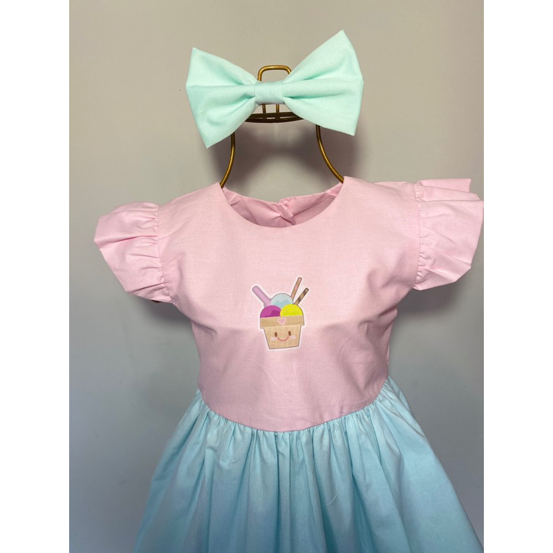 Vestido infantil Temático Sorvete, fabrica de doces com Estampa e Laços ...