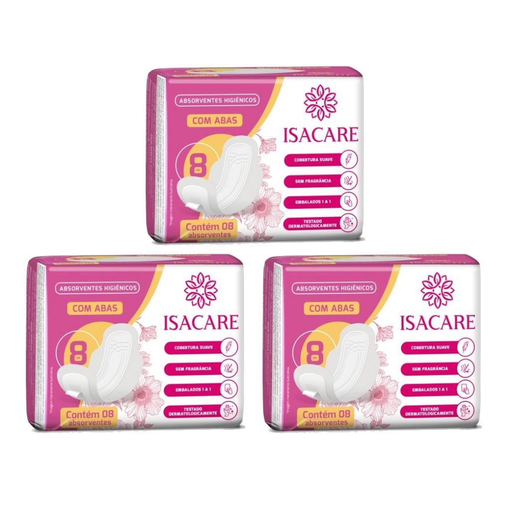 Kit 3 Absorvente Isacare Normal Com Abas Cobertura Suave Com 8 Unidades ...